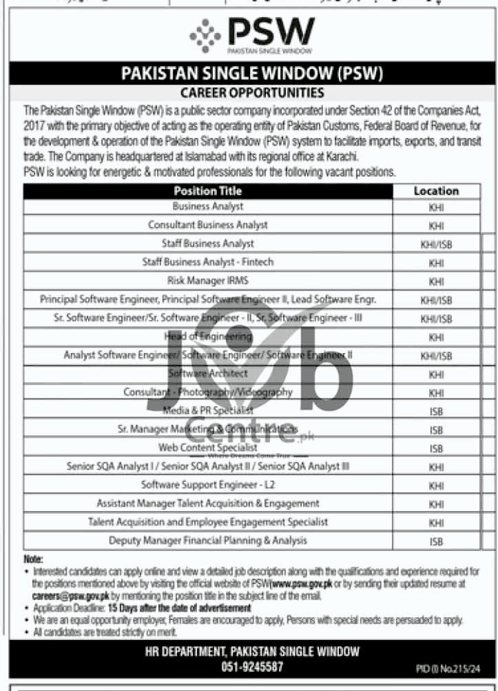 Pakistan Single Window PSW Jobs 2024 - Jobs Centre