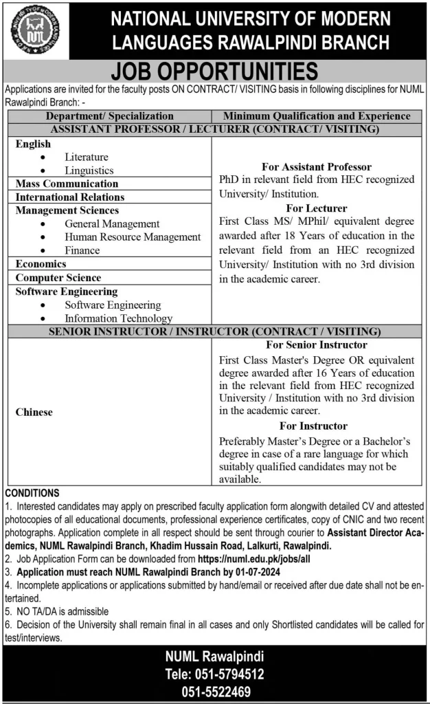 Latest National University of Modern Languages NUML Rawalpindi Jobs ...