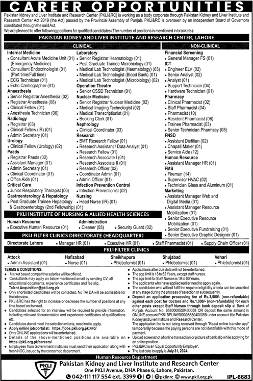 Pakistan Kidney and Liver Institute and Research Centre PKLI Jobs 2024 - Jobs Centre
