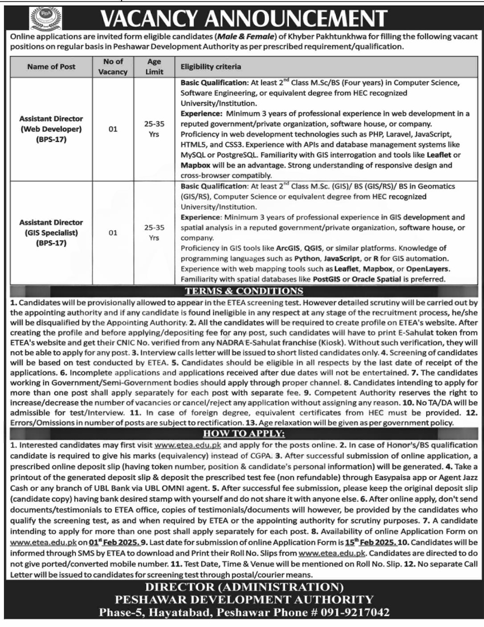 Peshawar Development Authority PDA Jobs 2025 » Jobs Centre
