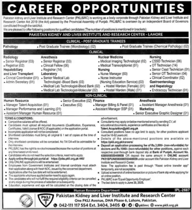PKLI Jobs 2025 Apply For Pakistan Kidney And Liver Institute Lahore June Recruitment » Jobs Centre